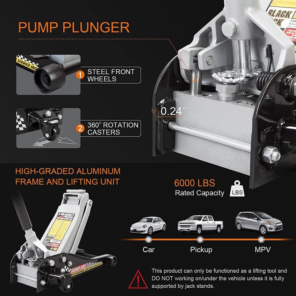 Torin 3 Ton Hydraulic Low Profile Steel Racing Floor Jack with Single ...